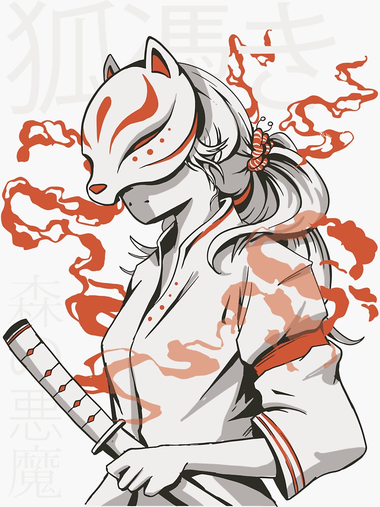 "Kitsune Mask Kawaii Japanese anime girl with Fox Mask" Sticker for ...