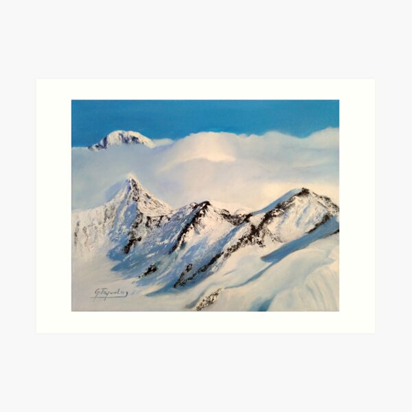 "Canvas Wall Art Realistic Snowy Mountains Painting" Art Print for Sale ...