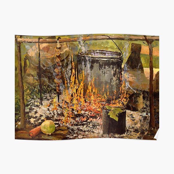 "Fire cooking. Still life impressionism oil painting" Poster for Sale ...