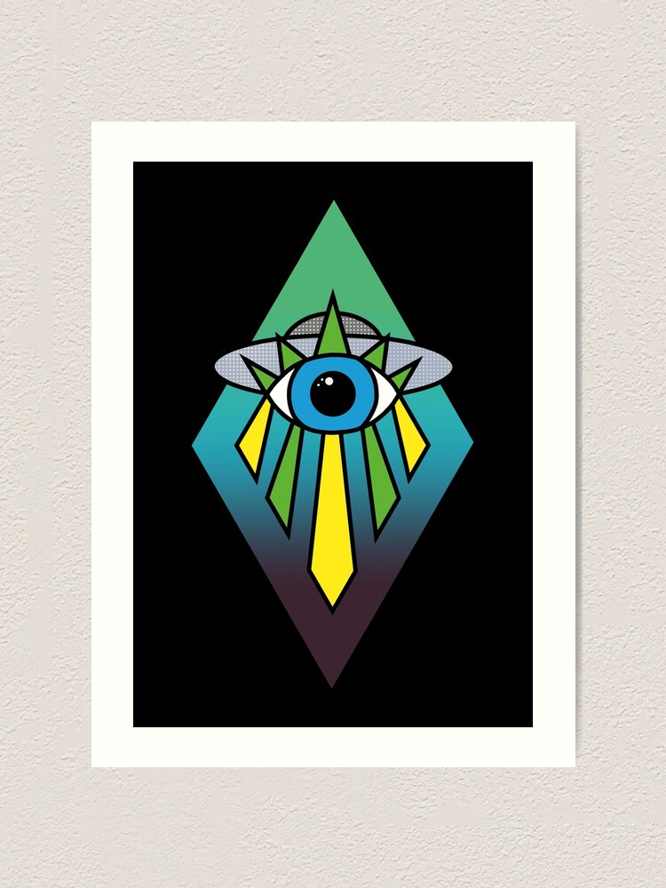"UFO Eye Art Deco Geometric Diamond Shape Dark Green Blue Sea Sky Space ...