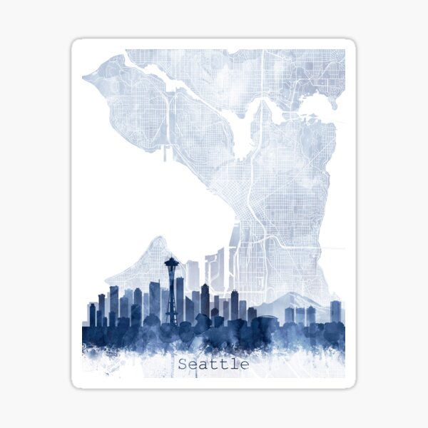"Seattle Skyline & Map Watercolor Navy Blue, Print by Zouzounio Art ...