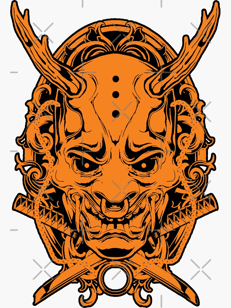 "Japanese oni mask samurai warrior (orange)" Sticker for Sale by Byfab ...