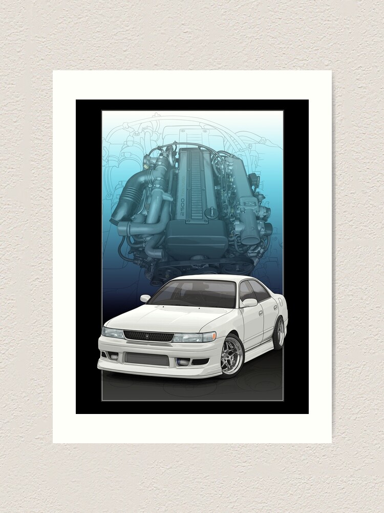 "Chaser jzx90 White with 1JZ engine backdrop" Art Print for Sale by ...