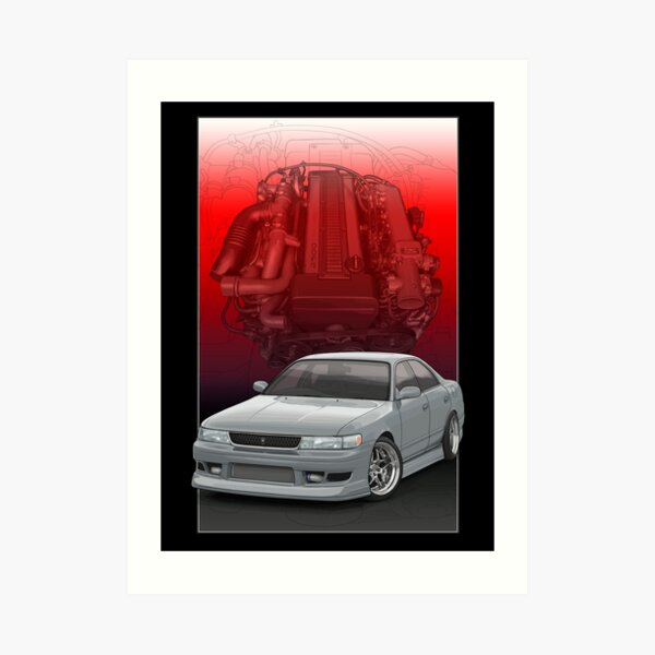"Chaser jzx90 White with 1JZ engine backdrop" Art Print for Sale by ...