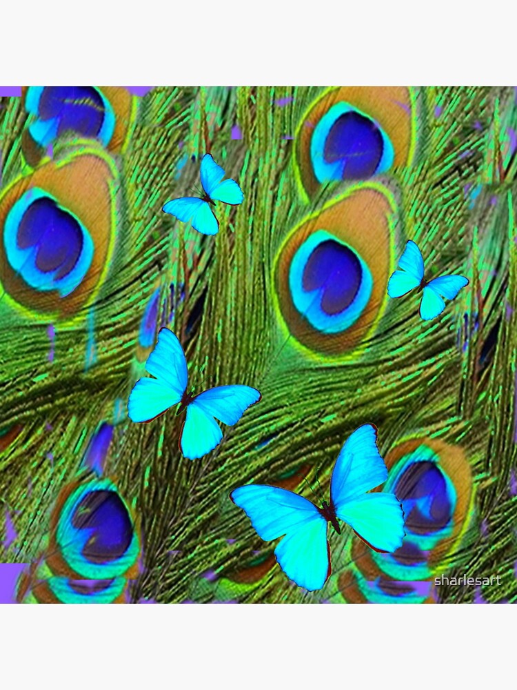 "NEON BLUE BUTTERFLIES PEACOCK FEATHERS ABSTRACTED ART" Sticker by ...