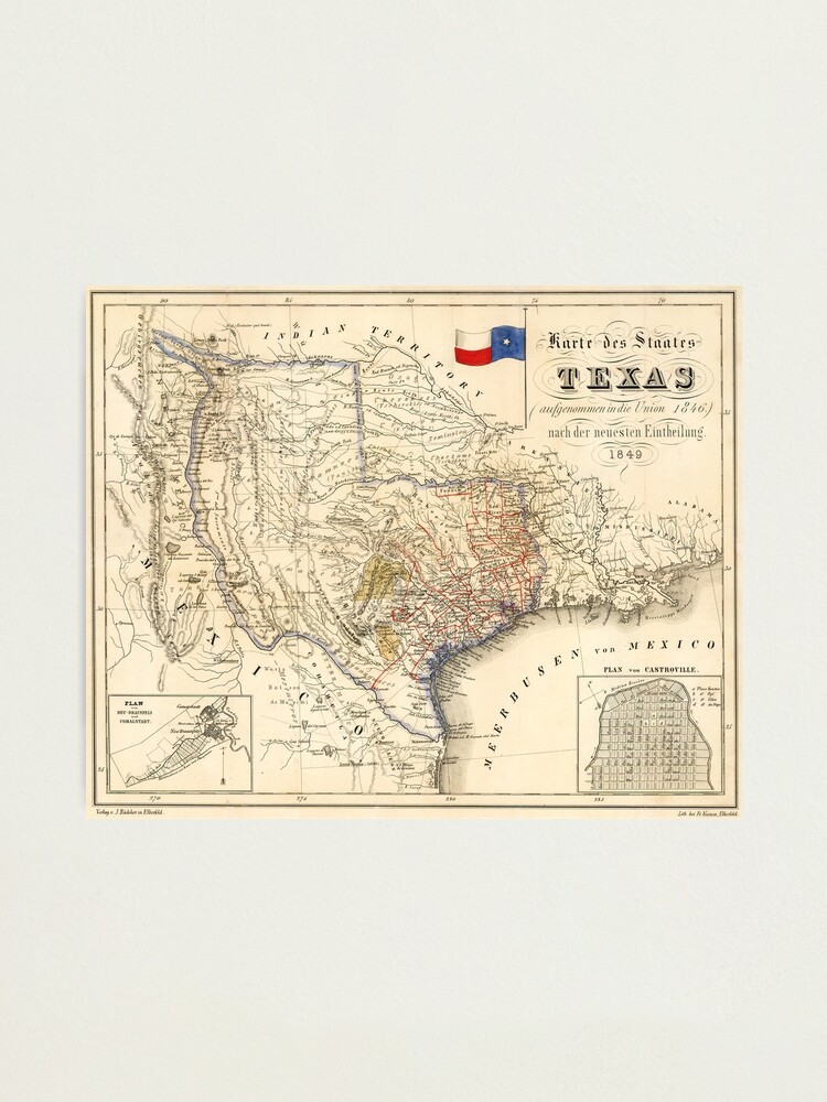 Lámina fotográfica «Mapa del estado de Texas, 1849 de Baedeker» de ...