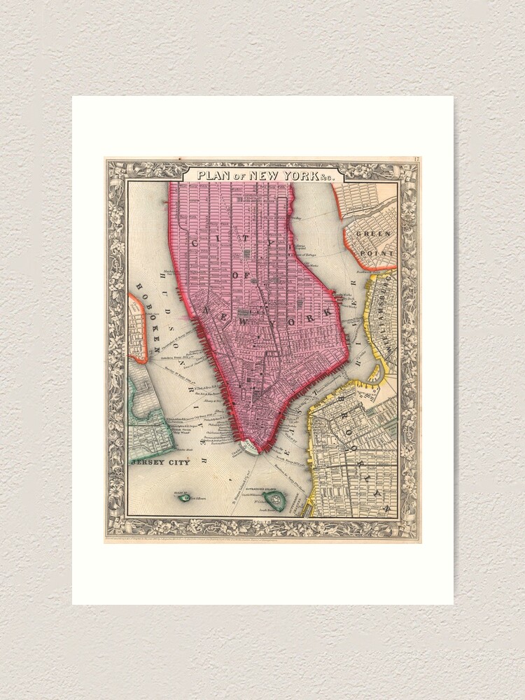 "Map of New York City, 1860 by Augustus Mitchell" Art Print for Sale by ...