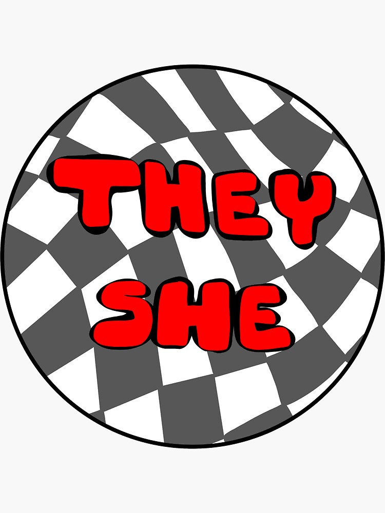 "Checker and Red Pronoun Pin; they/she!" Sticker for Sale by bluemakes ...