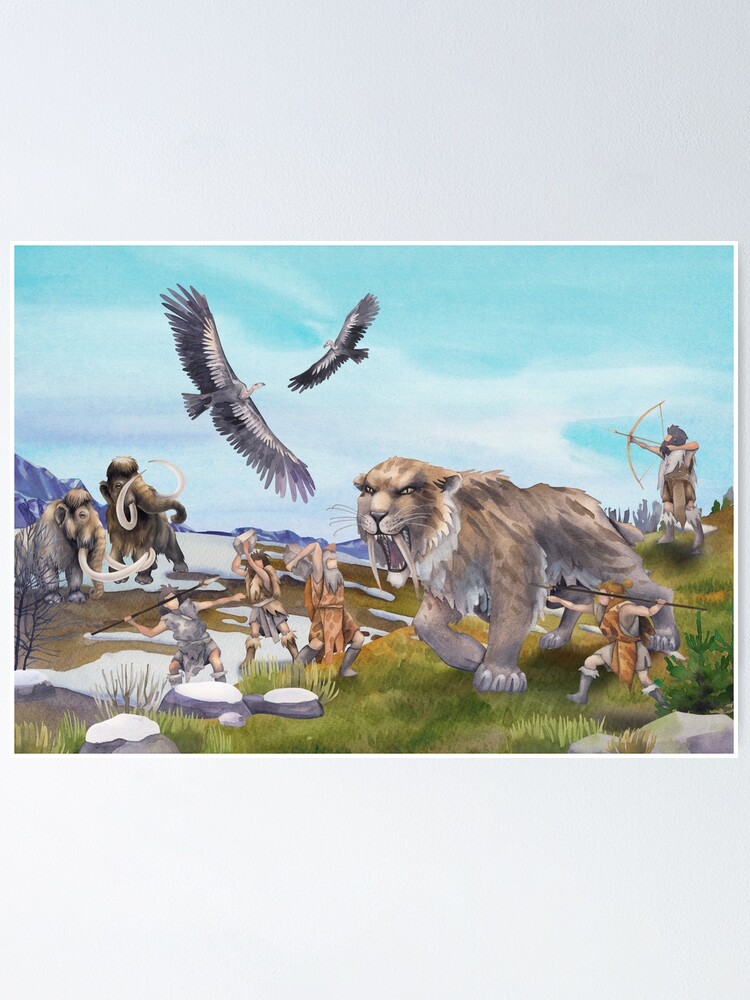 "Watercolor scene of cavemen fighting with a saber-toothed cat" Poster ...