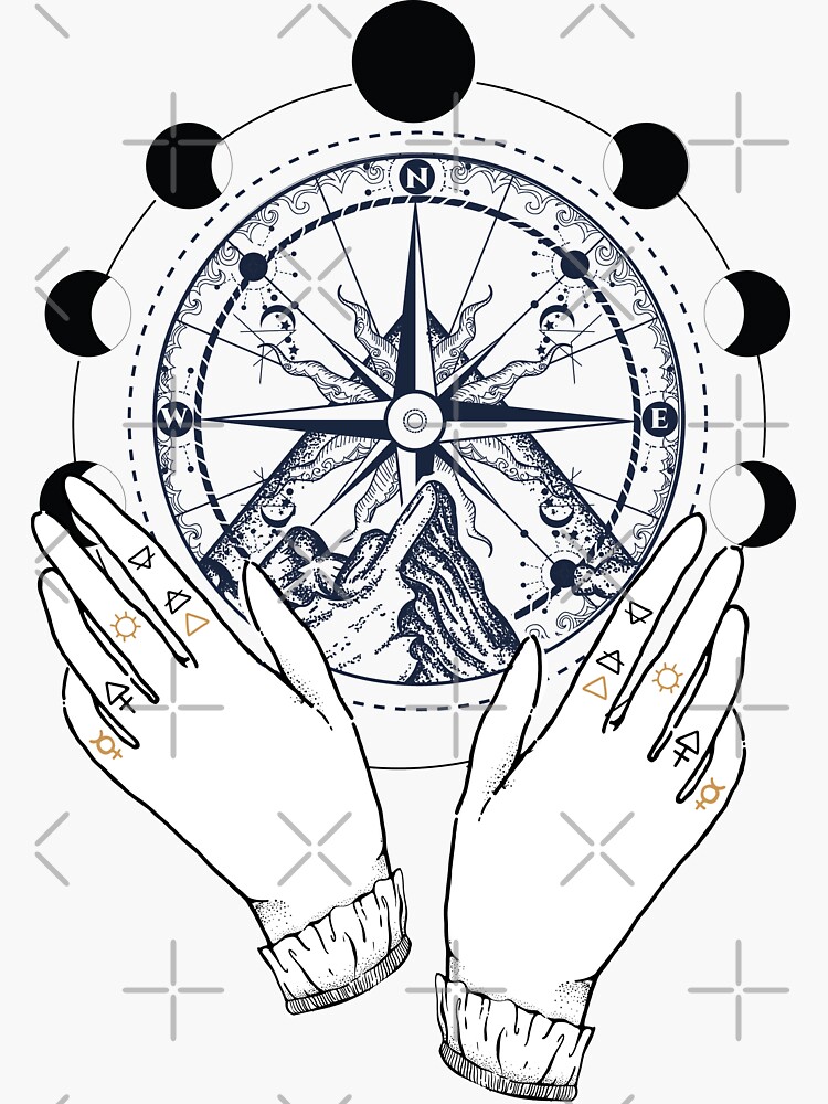 "bohemian hands, compass and luna art print" Sticker for Sale by Best ...