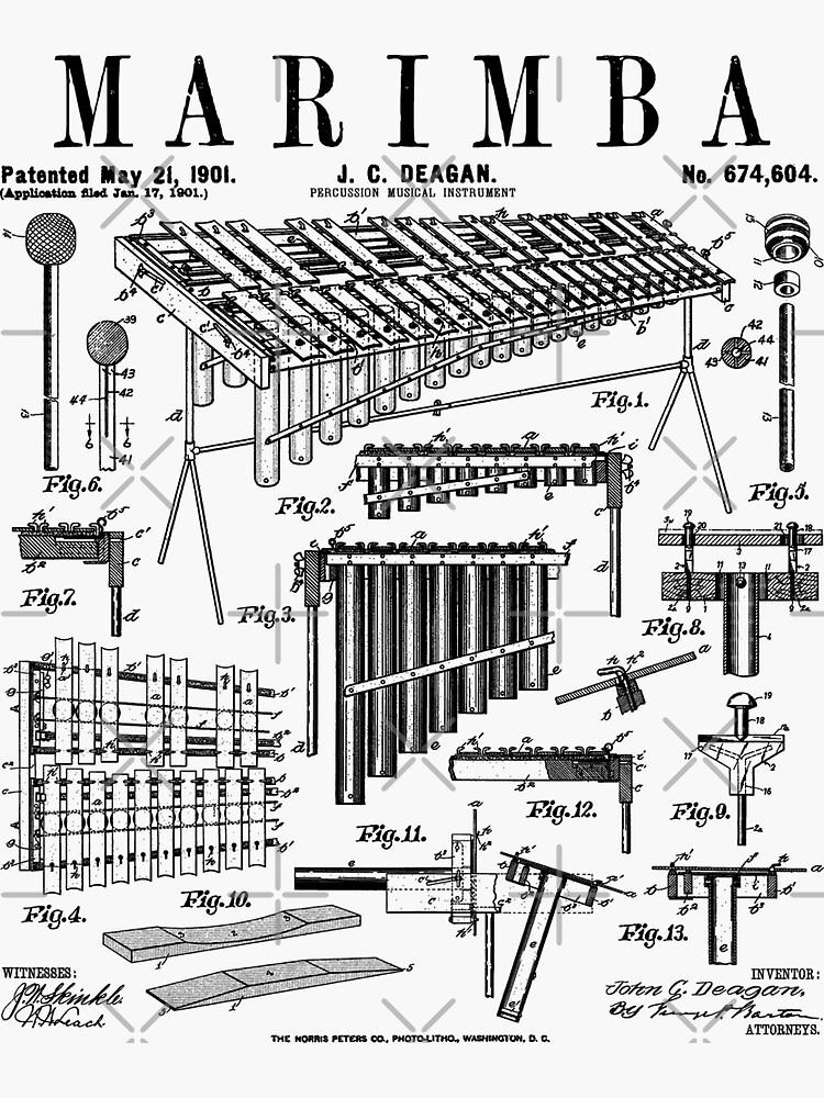 "Marimba Player Percussion Musical Instrument Vintage Patent" Sticker ...