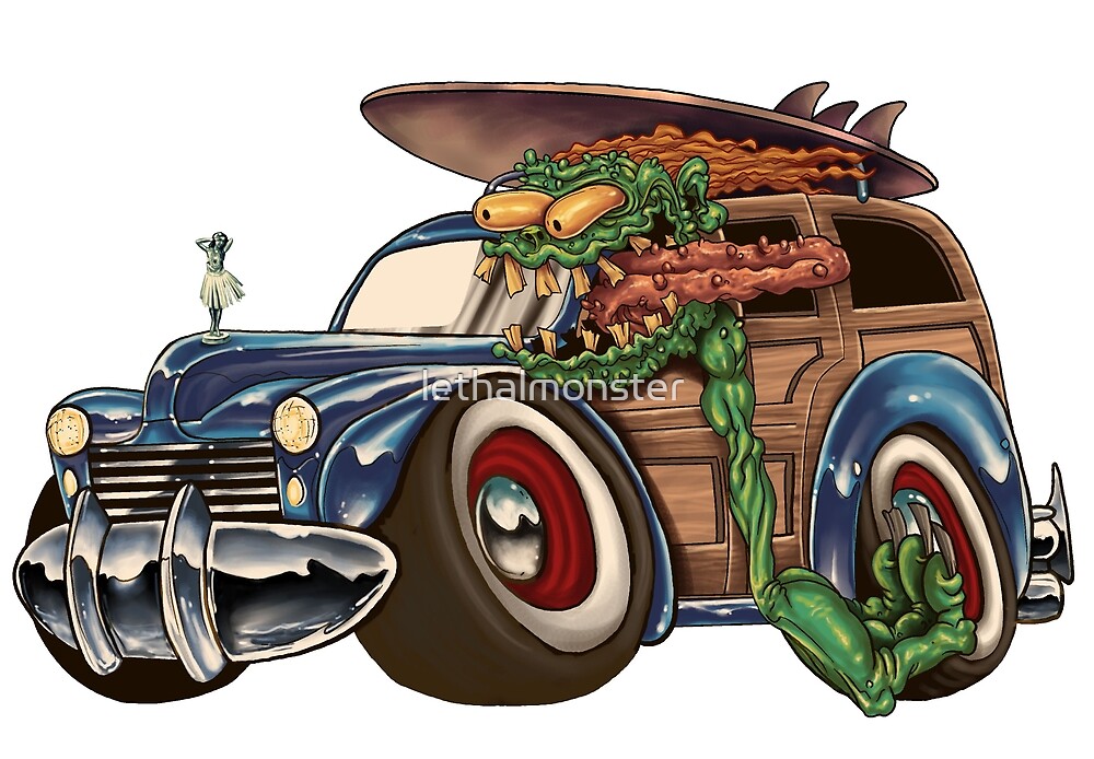 "KNUCKLE DRAGGER WOODY CAR SURF MONSTER" by lethalmonster | Redbubble