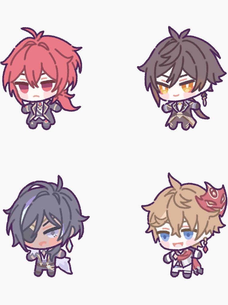 "Genshin Impact Chibi - Diluc Zhongli Kaeya Childe" Sticker for Sale by ...