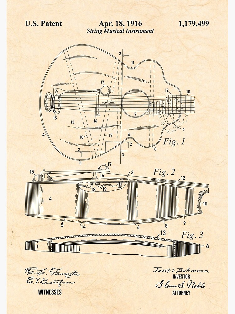 "1916 Old Vintage String Musical Instrument Part Patent Drawing" Poster ...