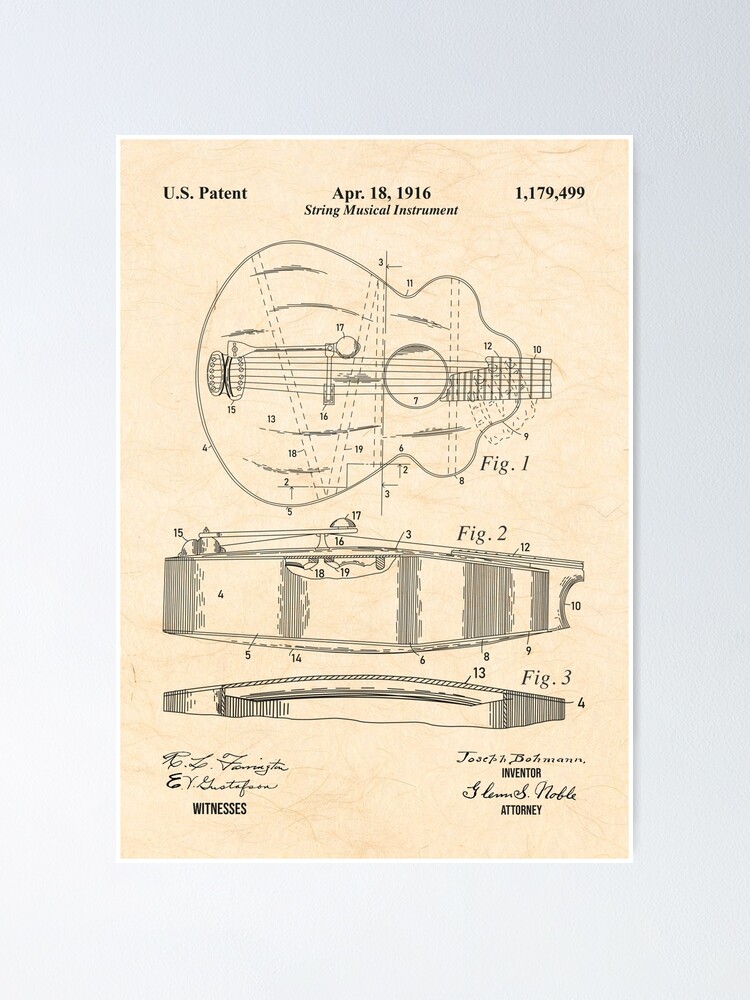 "1916 Old Vintage String Musical Instrument Part Patent Drawing" Poster ...