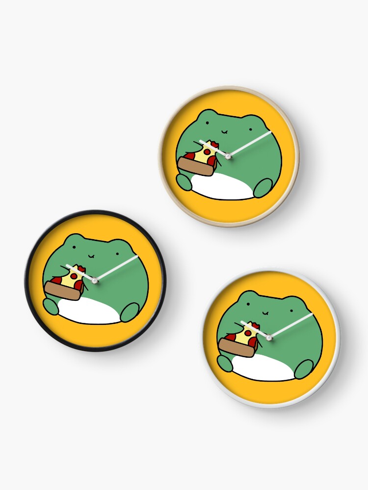 "Frog Eating Pizza" Clock for Sale by SaradaBoru | Redbubble