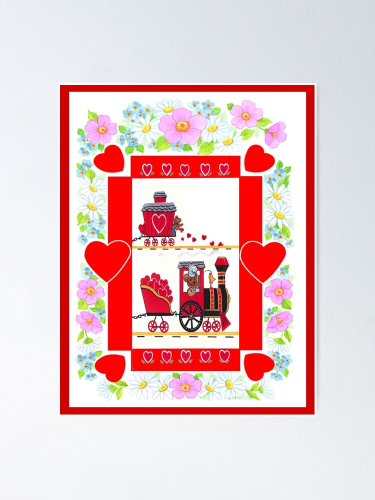 " Valentine Cartoon Animals in Heart Train Print" Poster for Sale by ...