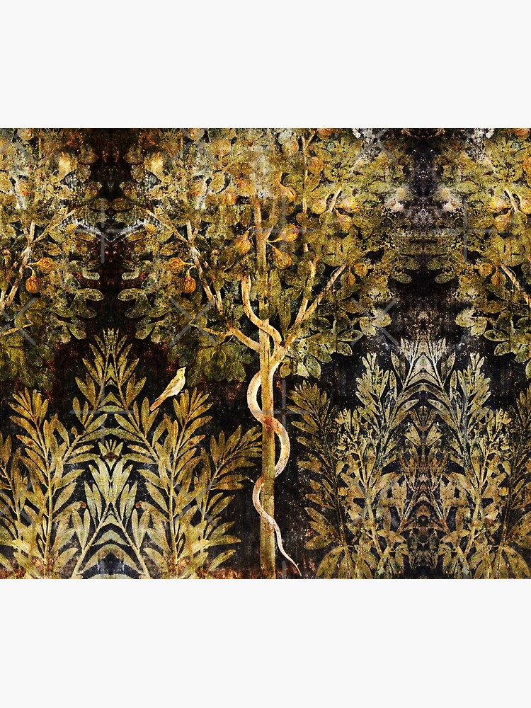 "ANTIQUE ROMAN WALL PAINTINGS,SERPENT IN FIG TREE AND BIRD ,BLACK GREEN ...