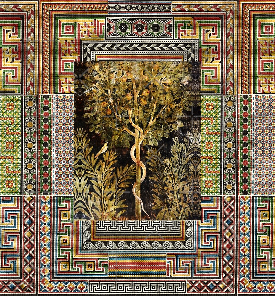 "ANTIQUE ROMAN WALL PAINTINGS SERPENT IN FIG TREE WITH POMPEII MOSAICS ...