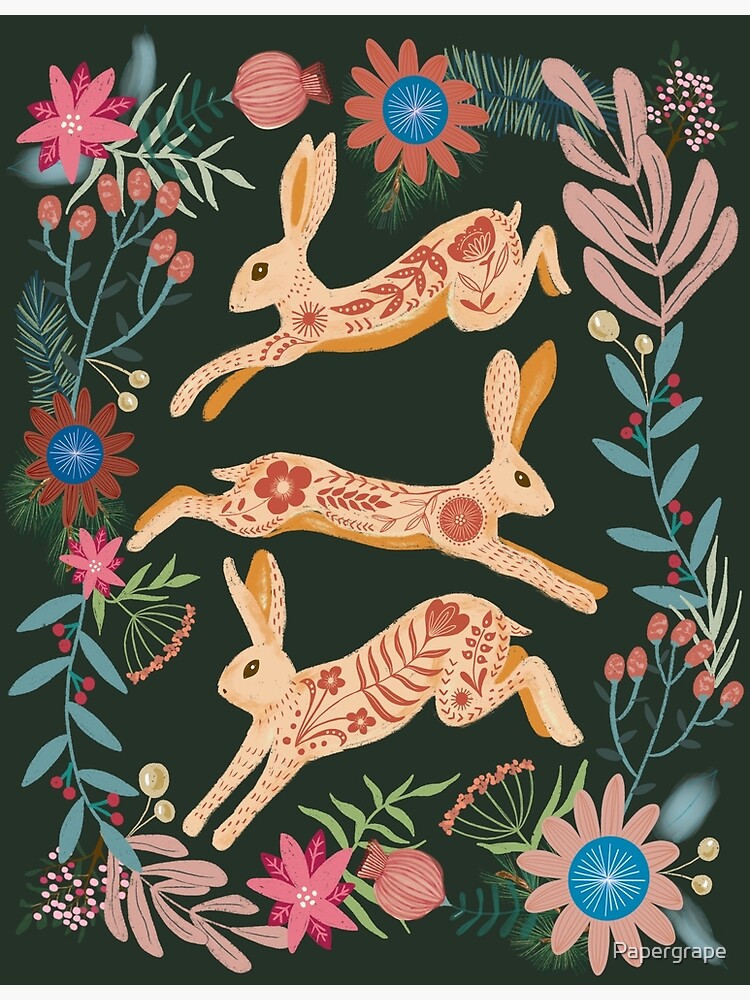 " Leaping hare folk art" Poster for Sale by Papergrape | Redbubble
