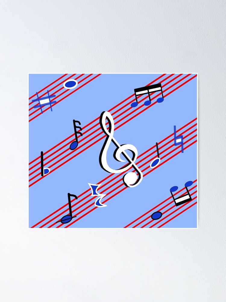 "Music Symbols on Slanted Red Music Bars against a Light Blue ...