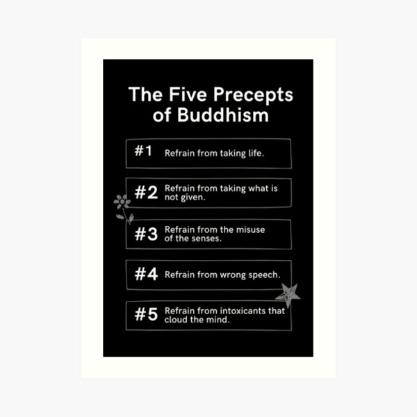 "The Five Precepts of Buddhism on Black" Art Print for Sale by ...