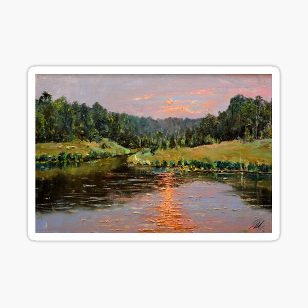 "Sunset pond with sun reflection oil painting" Sticker for Sale by ...