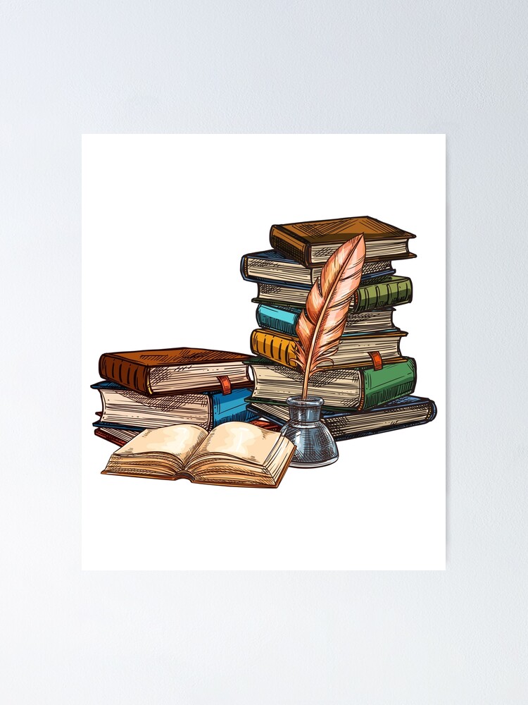 "stack of books with Quill & Ink " Poster for Sale by YANAY-FASHION ...