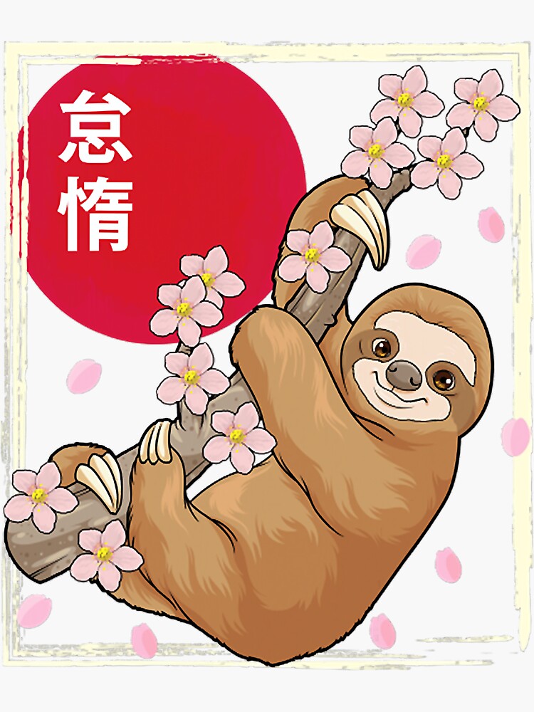 "Sakura Sloths Red Japanese Sun Cherrys Blossoms Flower Kanji" Sticker ...