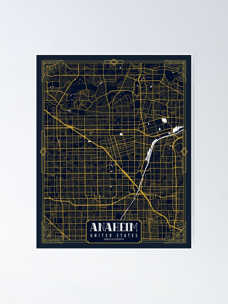 "Anaheim City Map of California, USA - Gold Art Deco" Poster for Sale ...