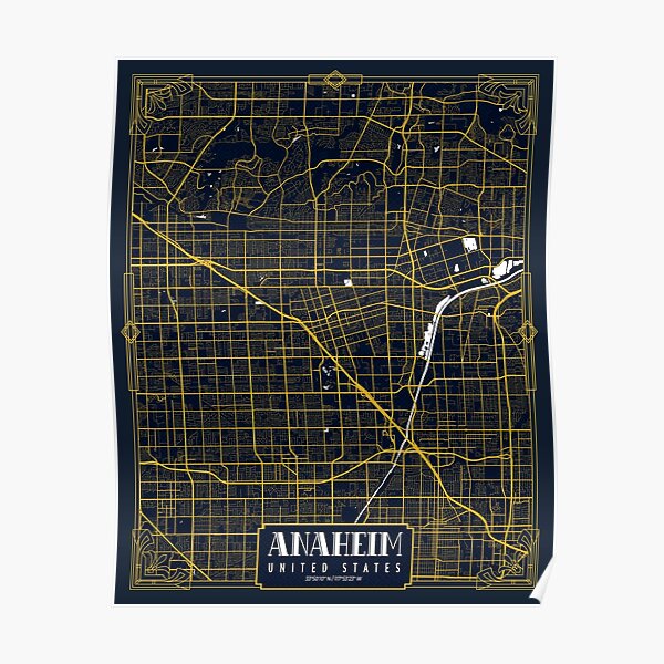 "Anaheim City Map of California, USA - Gold Art Deco" Poster for Sale ...