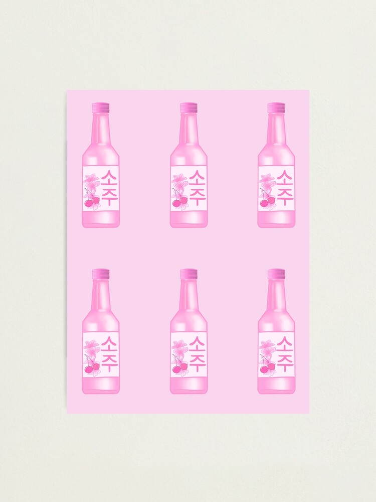 "Pattern of Cherry flavoured korean pink soju bottles hangul writing ...