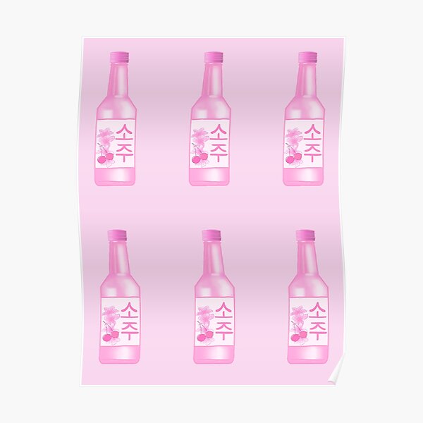 "Pattern of Cherry flavoured korean pink soju bottles hangul writing ...