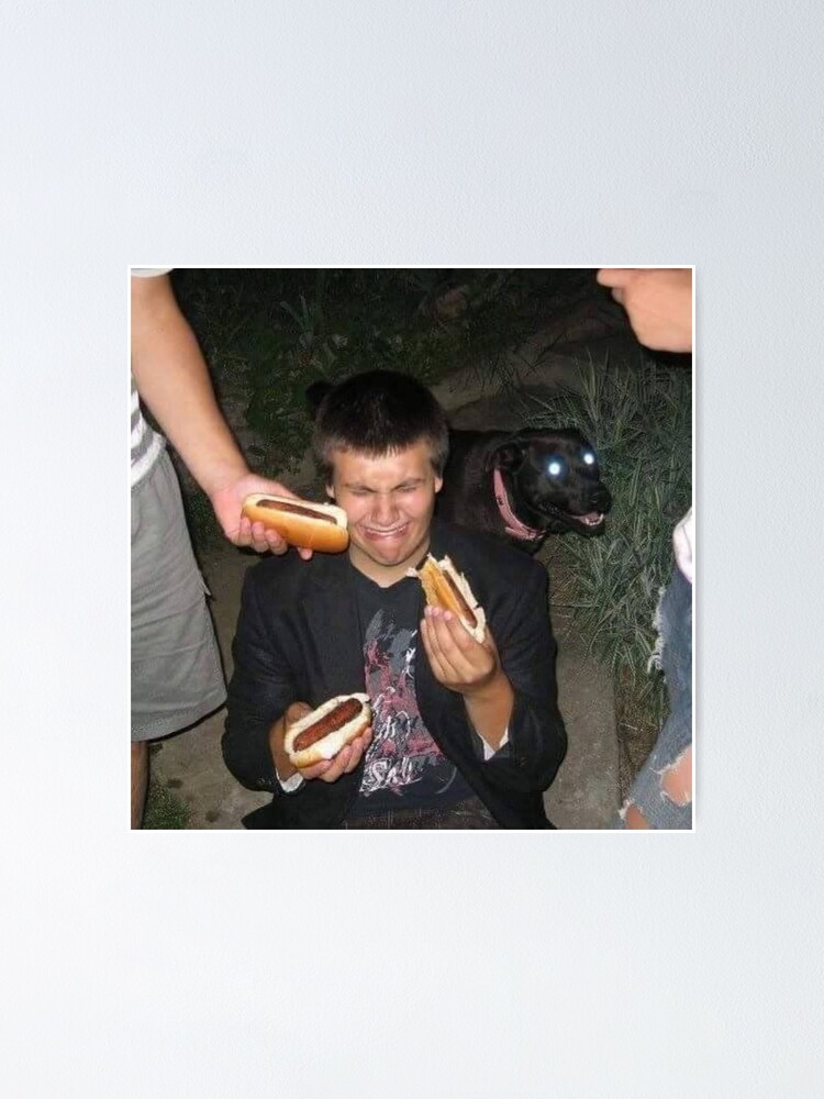 "A kid crying because he has to eat 3 hot dog and a scary looking dog ...