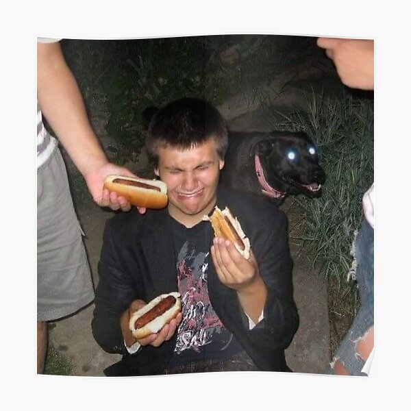 "A kid crying because he has to eat 3 hot dog and a scary looking dog ...