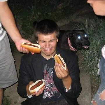 "A kid crying because he has to eat 3 hot dog and a scary looking dog ...