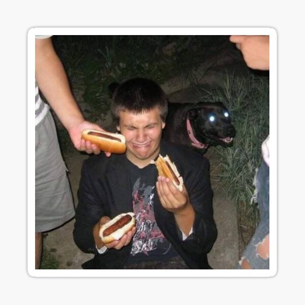 "A kid crying because he has to eat 3 hot dog and a scary looking dog ...