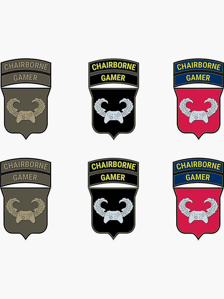 "Chairborne Gamer Silver Wings Gold/Blue Lettering" Sticker by ...