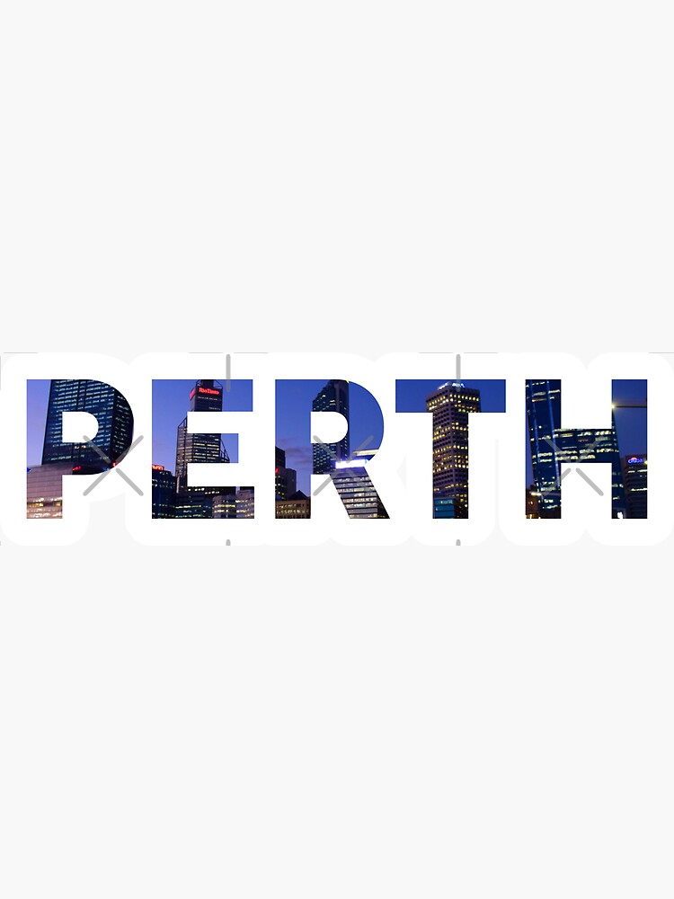 "Perth Block Writing with City Skyline" Sticker for Sale by sticker ...