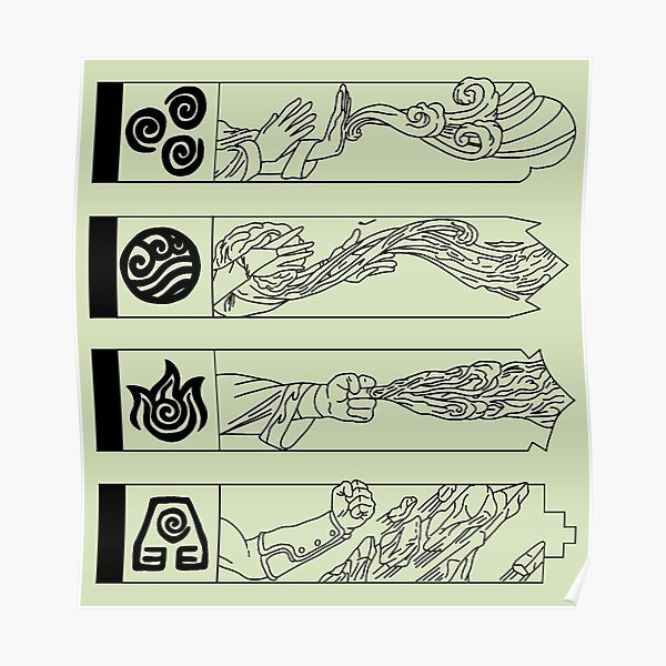 "Four Elements - Avatar the Last Airbender (Black Outline)" Poster for ...