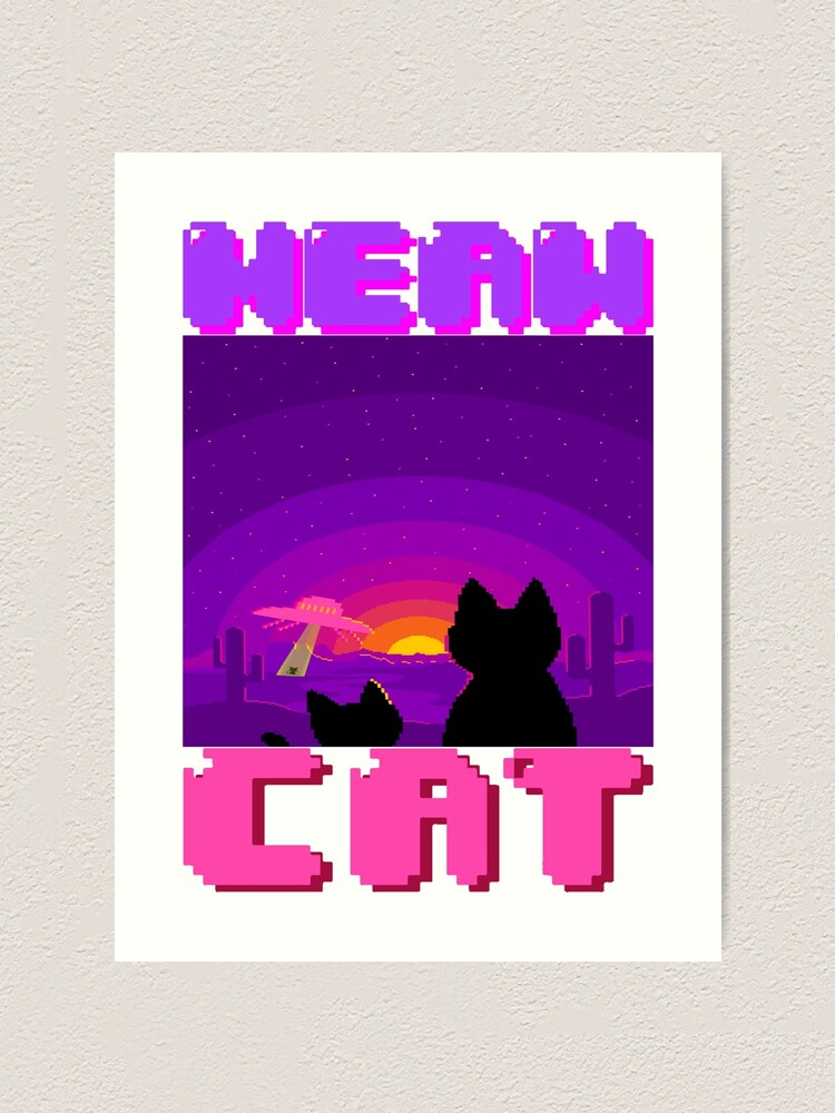 "MEAW - cute black cat with aliens - pixel cat art" Art Print for Sale ...