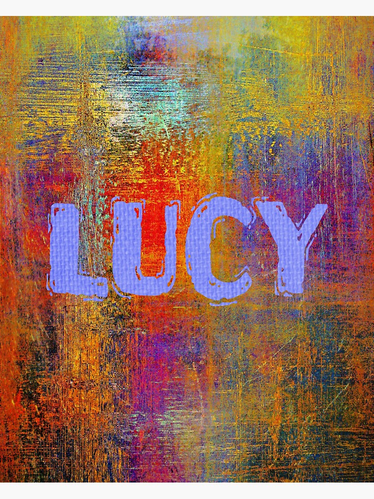 "Lucy name design blue letters on bright colourful background" Sticker ...
