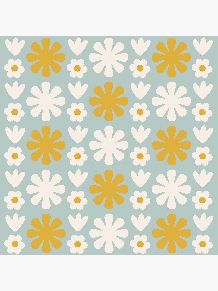 "Scandi Floral Grid Retro Flower Pattern in Light Ice Blue, Mustard ...