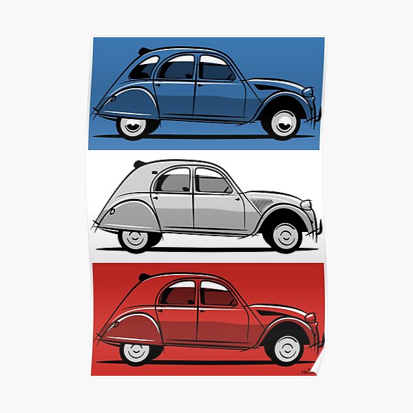 "Citroën 2CV red, white and blue" Poster for Sale by car2oonz | Redbubble