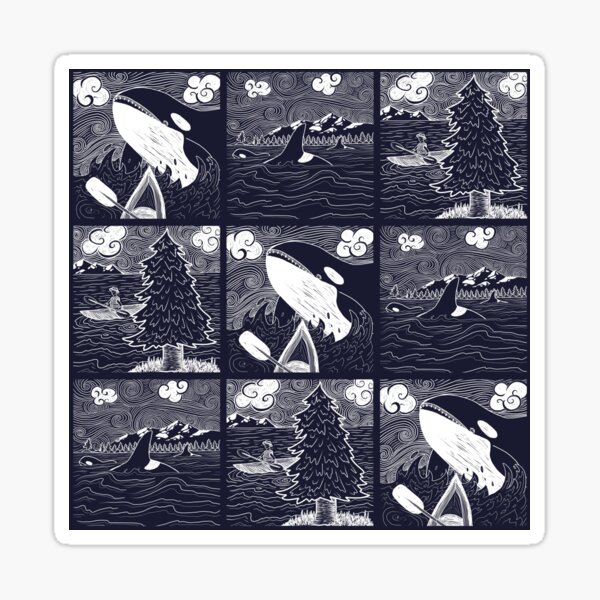 "Orca Encounter 2- Digital Block Print" Sticker by paintedpansy | Redbubble