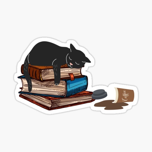 "cat resting on stack of book with spilled coffee-kitty cat" Sticker ...
