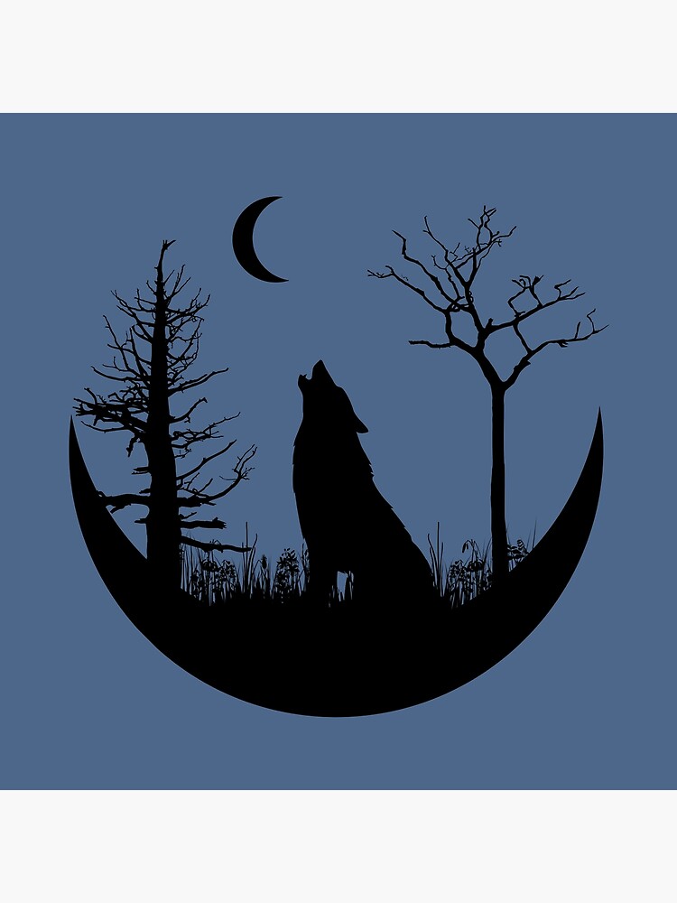 "Howling wolf between trees under the crescent moon on blue" Poster for ...