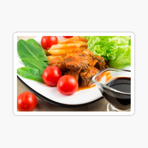 "View close-up on a meal of beef stew with pasta penne" Sticker for ...