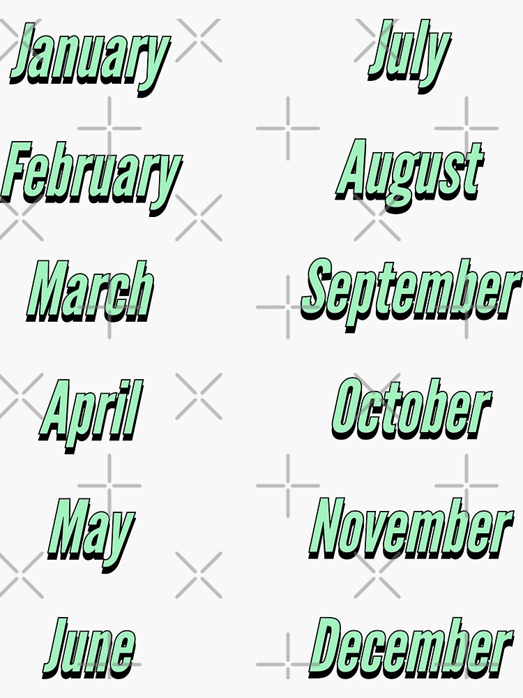 "Light green Months of the year sticker pack in cool typography ...