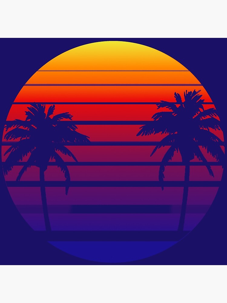 Póster «Puesta de sol Synthwave con palmeras moradas - Circular, fondo ...